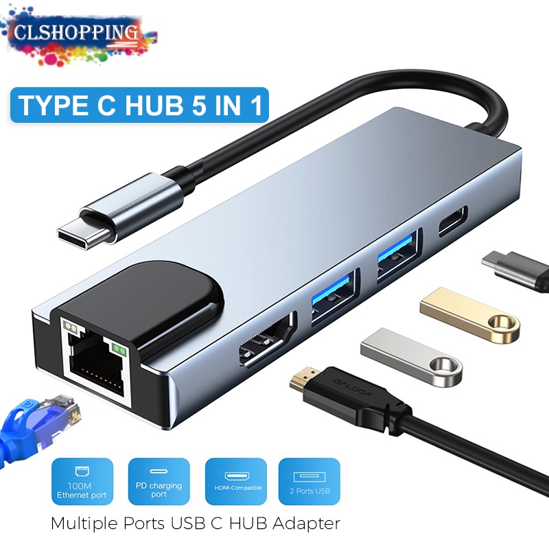 5 In 1 USB Type C Hub Multiport Adapter Converter Gigabit Ethernet ...