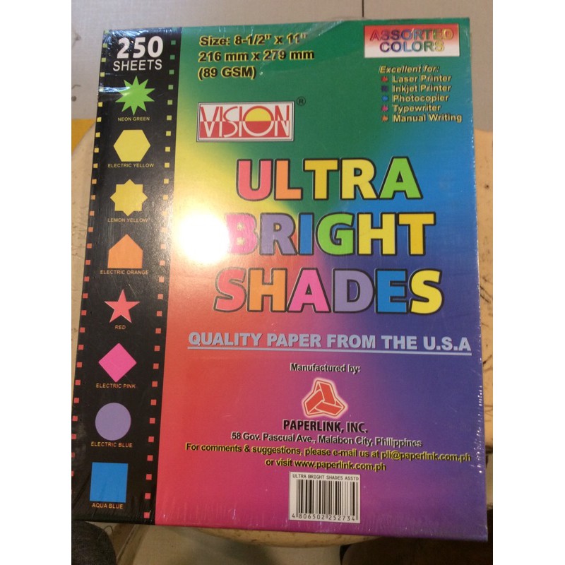 VISION COLOUR PAPER ASSORTED COLOURS 250 SHEETS size (8-1/2x11 ...