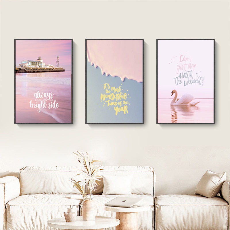 3pcs Frame Pink Flowers Beach Paintings Adhesive Posters Aesthetic Home ...