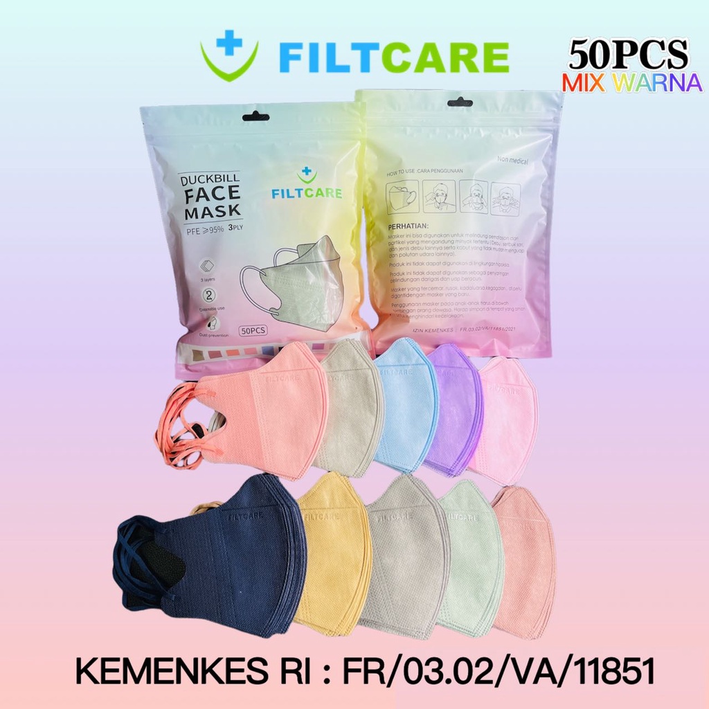 FILTCARE 3D DUCKBILL LINE 3PLY MASK CONTENTS 50PCS PREMIUM QUALITY ...