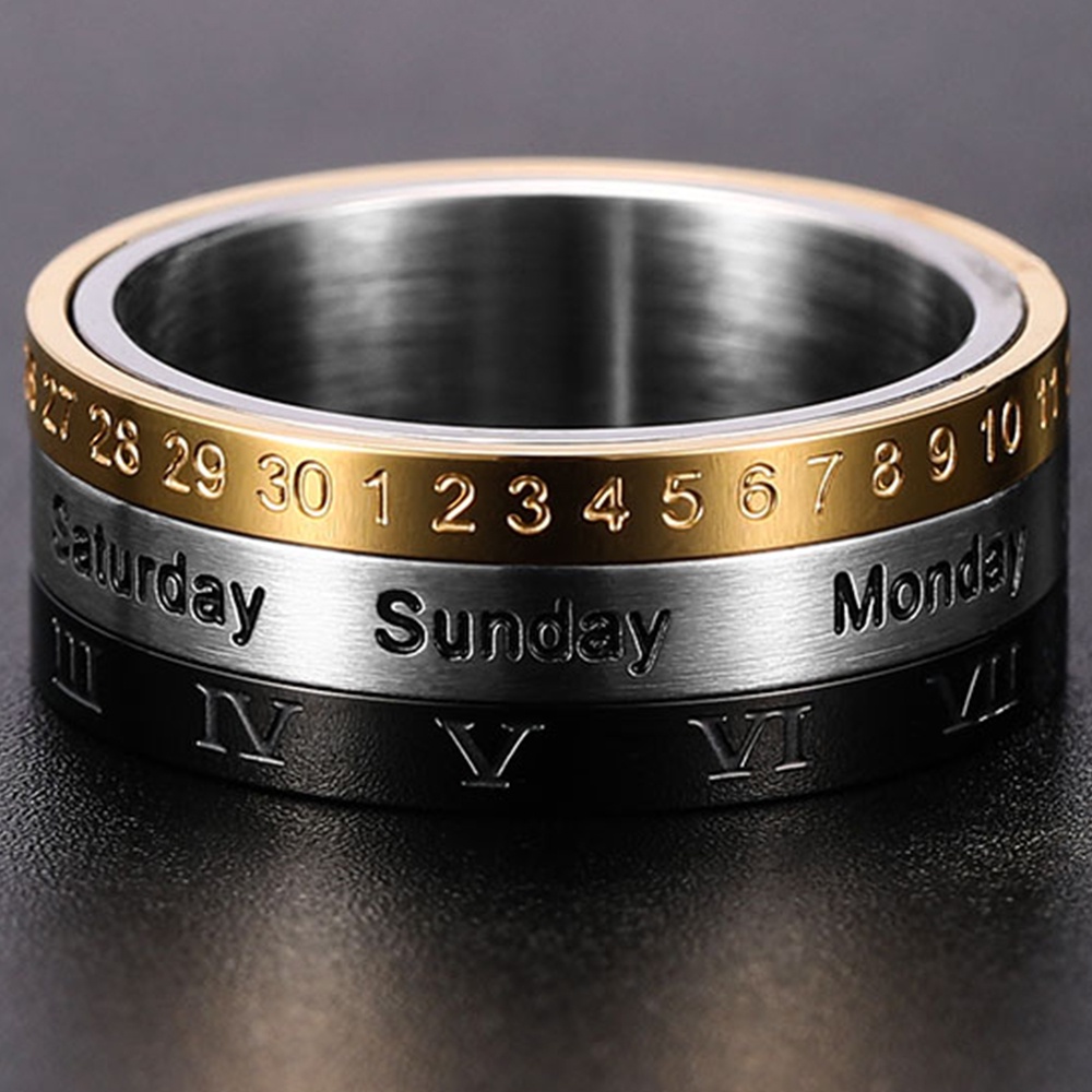 Men's Roman Numerals Date Calendar Time Ring For Rotatable Week Finger ...