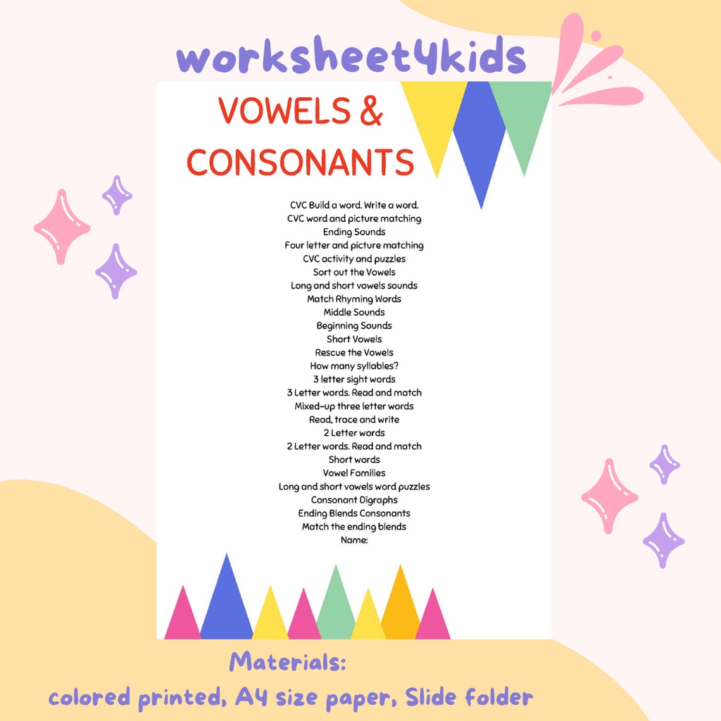 71, PAGES VOWELS & CONSONANTS WORKBOOK KINDERGARTEN (2 PAGES PER SHEET ...