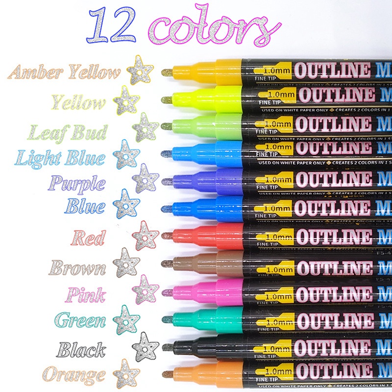 Double Line Outline Pens 12 Colors Self-Outline Pen Glitter Writing ...
