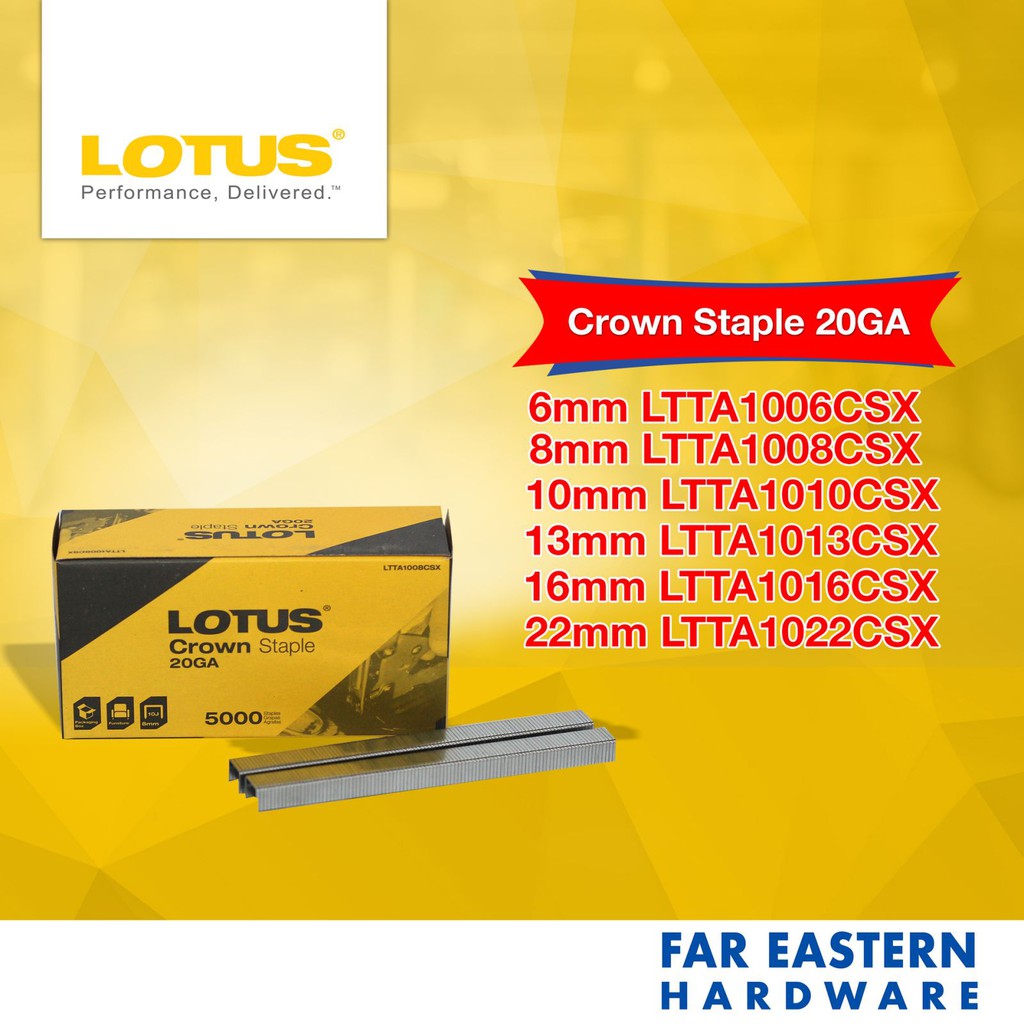 LOTUS Crown Staple 20GA (6mm / 8mm / 10mm / 13mm / 16mm / 22mm) LTAC | Shopee Philippines