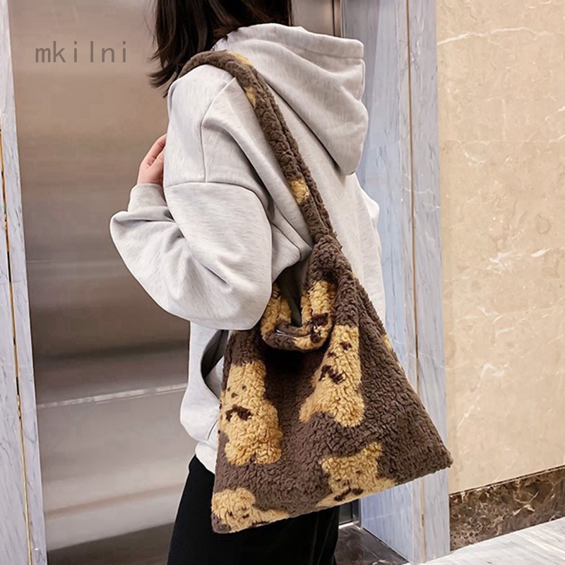 Fation Cartoon Fluffy Fur Bear Print Top-handle Bag Female Plush Tote ...