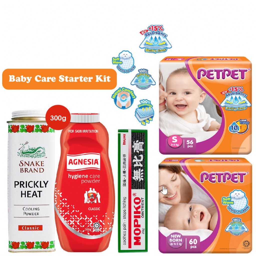 Petpet Baby Diapers Tape Jumbo Pack (Newborn 60+S 56) + Prickly Heat ...