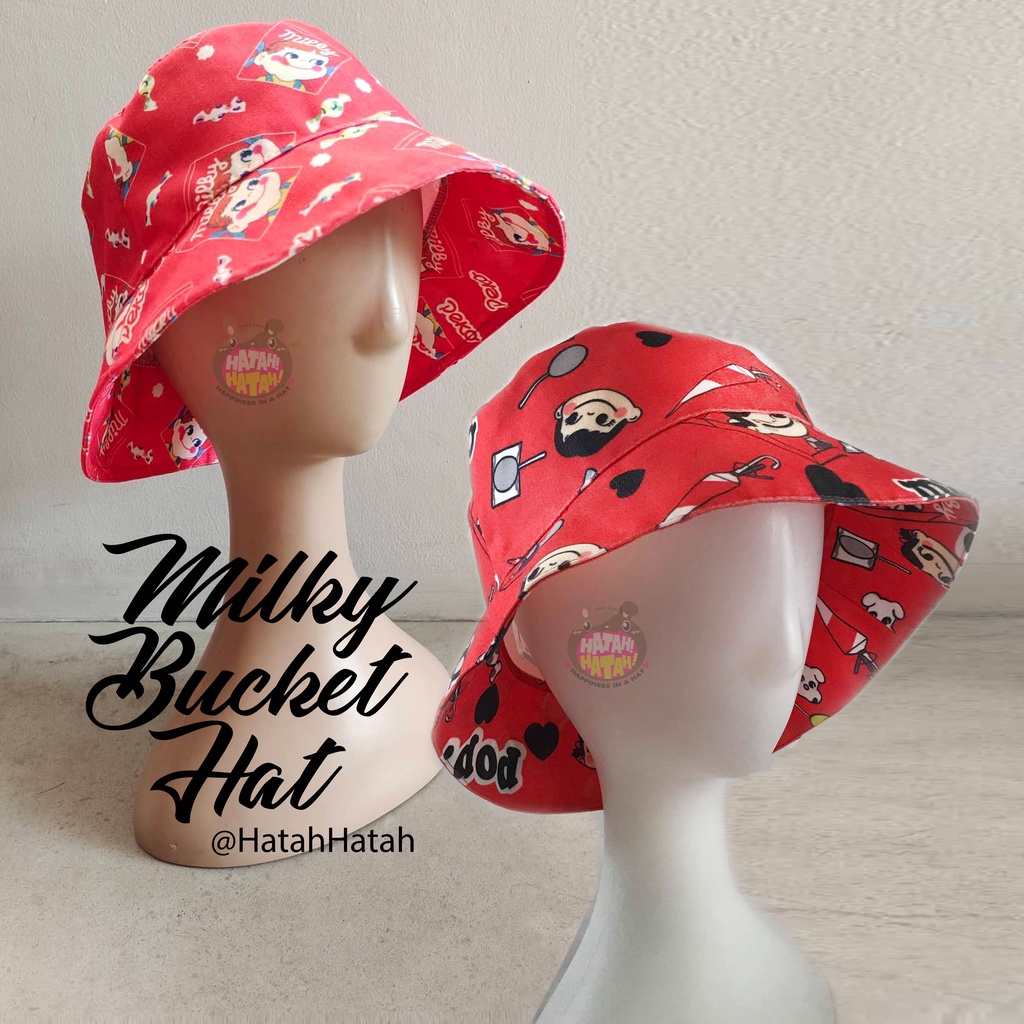[Hatah Hatah] Fujiya Milky Red Bucket Hat Peko-chan | Shopee Philippines
