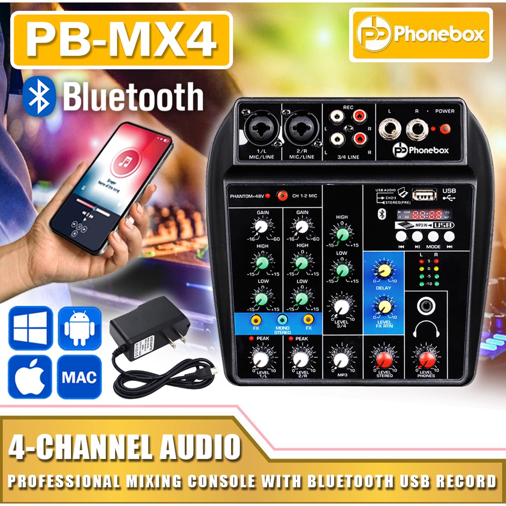 PHONEBOX PB-MX4 4 Channel Mixer W/Bluetooth / USB / MP3 Playback , Cellphone , Computer | Shopee ...