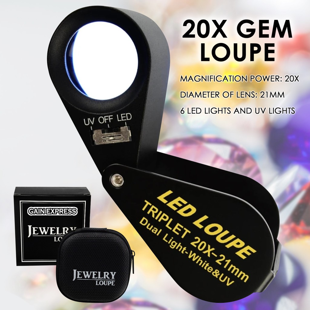 20x Loupe 21mm Optical Glass Magnifier 6 LED Light & UV Light ...