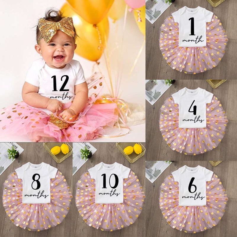 Number Print Baby Monthly Milestone Romper 1-12 Tutu Dress 2pcs Set ...