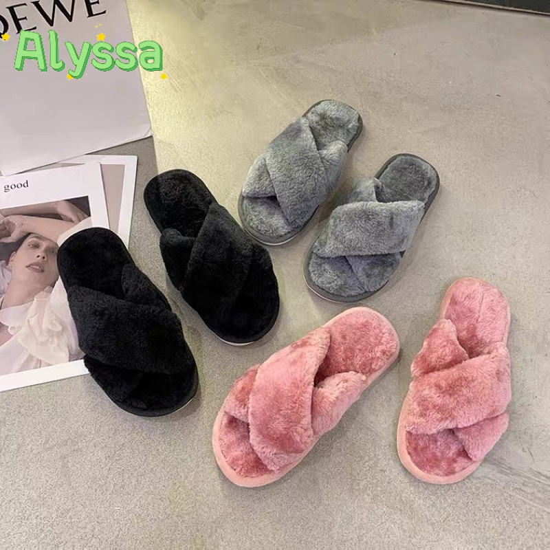 Alyssa Rabbit Fur Korean Fashion Plush Slipper Indoor Slipper | Shopee ...