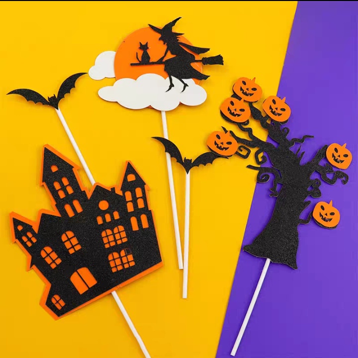 Halloween Witch Castle Pumpkin Tree Paper Card Cake Topper Baking Props