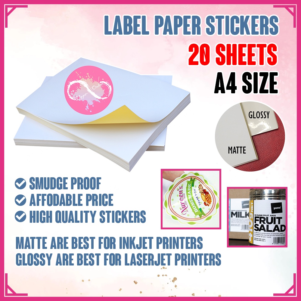 Sticker Label paper matte & glossy A4 for inkjet laser print | Shopee ...