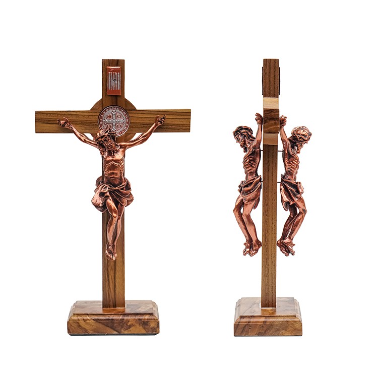 KAYU 30cm Double Sided Copper Corpus Teak Wood Catholic Sitting Cross ...