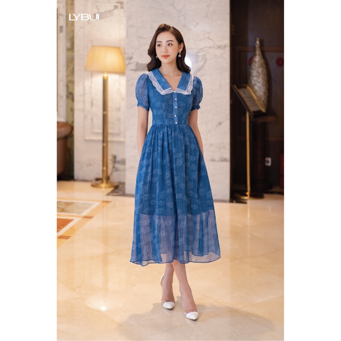 Lace-neck Blue Dress With White Flower | Shopee Philippines