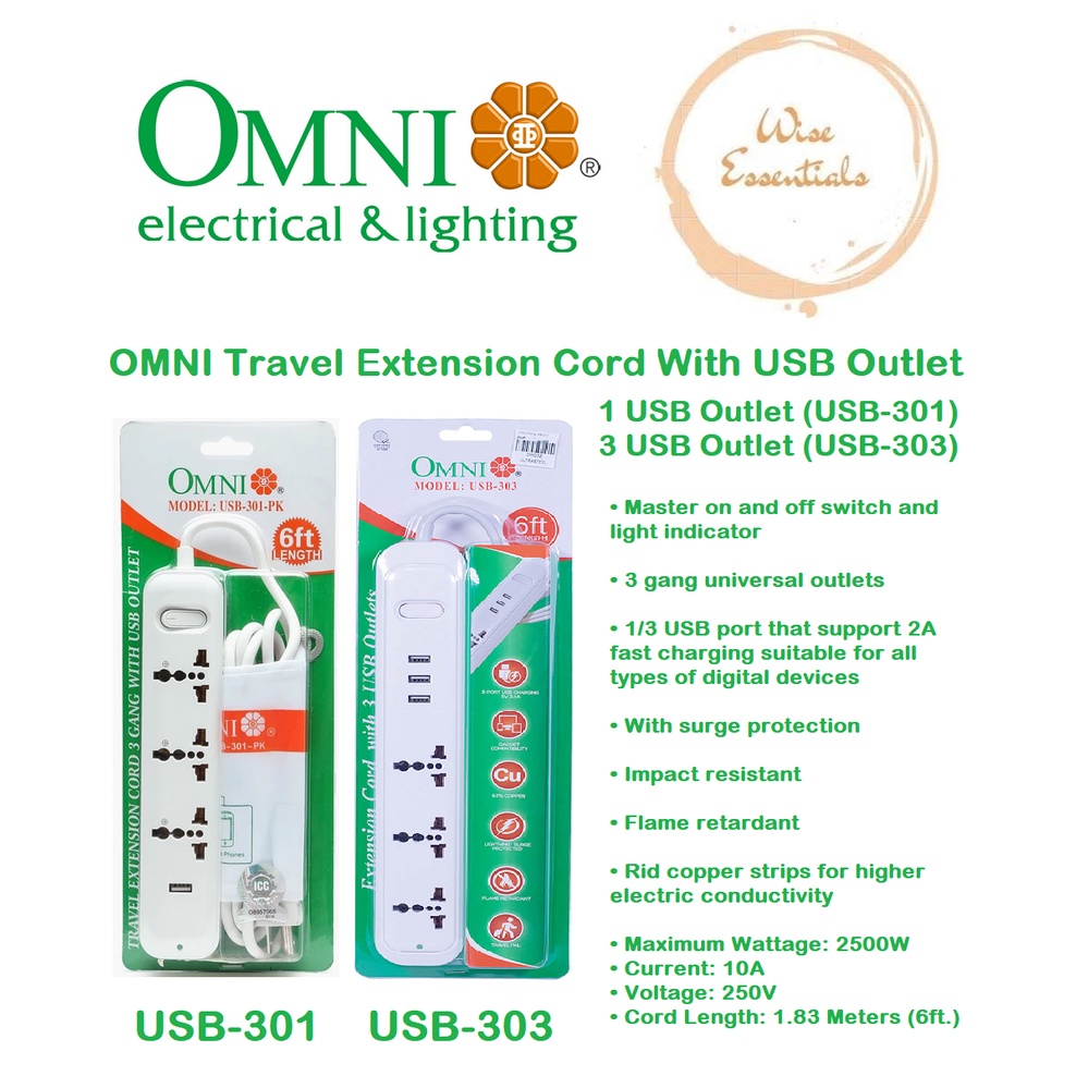 OMNI Travel Extension Cord with 1, 3 USB Outlet | Shopee Philippines