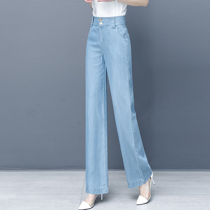 Tencel Jeans Women 2021 Summer Thin High Waist Slimmer Look Wide-Leg Pants Ice Silk Drape Loose ...