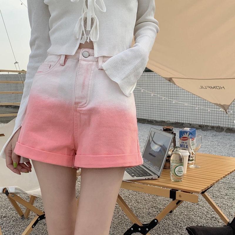 Summer Gradient Color Curling Denim Shorts Women High Waist Loose ...
