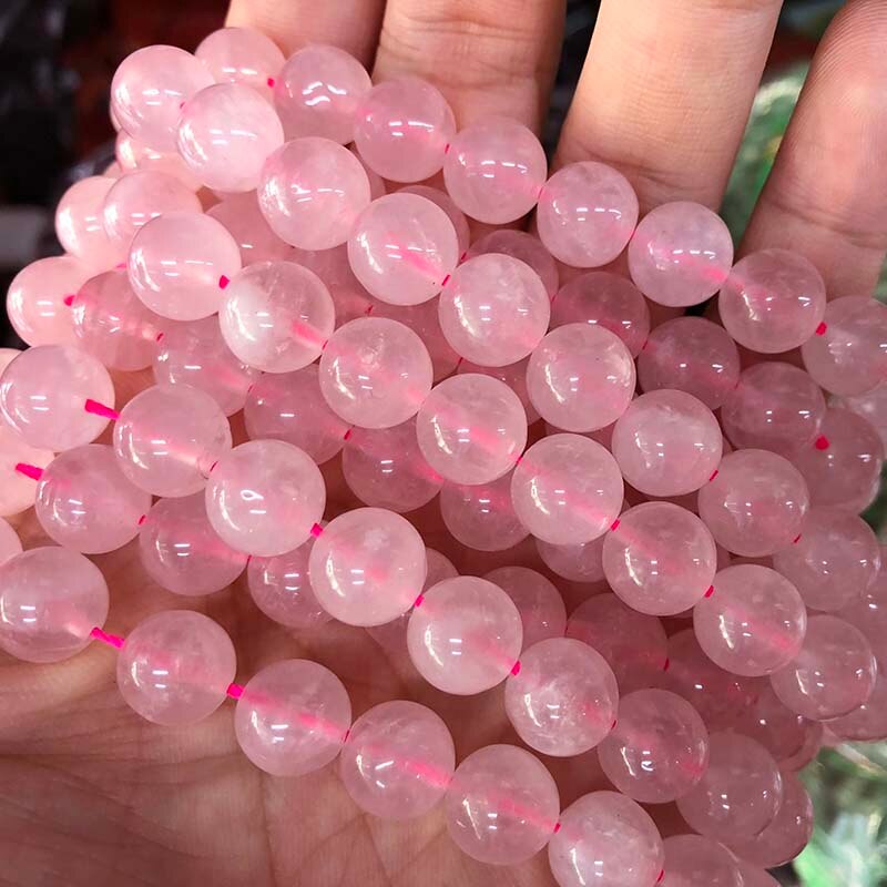 1string Natural Genuine Rose Quartz Pink and Black Agate Crystal Round ...
