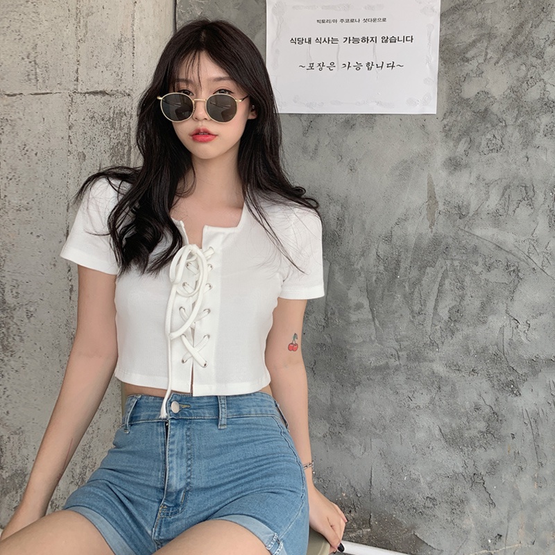 Crop Top Women Square Neck Short Sleeve T Shirt High Waist Short Ootd