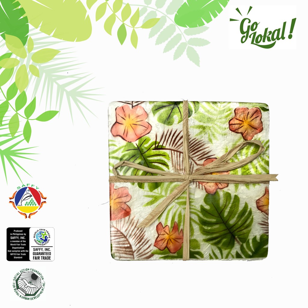 Set of 4 Laminated Square Capiz Coasters (Monstera w/ Flowers Design ...