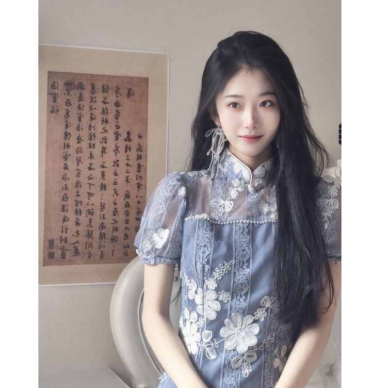 Modern cheongsam for women hanfu traditional blue cheongsam dress ...