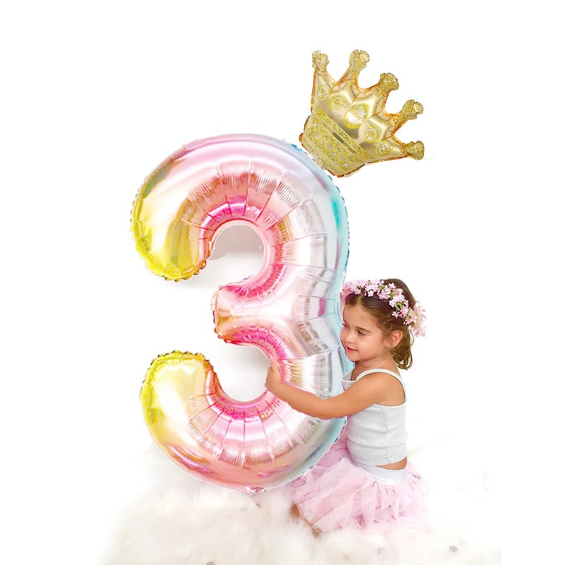 32inch Gradient Color Crown Number Balloon Happy Birthday Party Decor ...