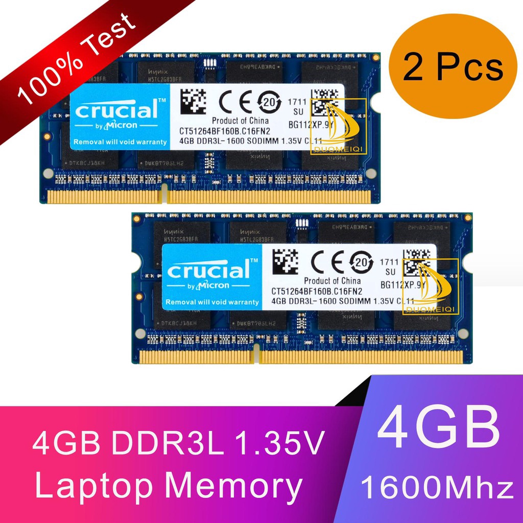 8GB Crucial Kits 2x 4GB 2RX8 PC3L-12800S DDR3 1600Mhz 204Pin Laptop ...