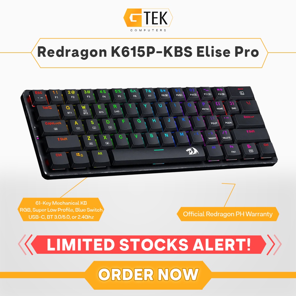 Redragon K615P-KBS Elise Pro Wireless BT 2.4Ghz Mechanical Keyboard ...