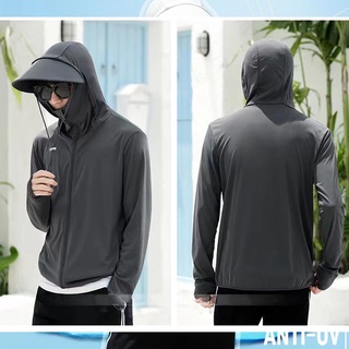 ⚡Detachable Hat Jacket for Men ice Silk UV Sun Protection Coats Long Sleeve Anti Ultraviolet ...