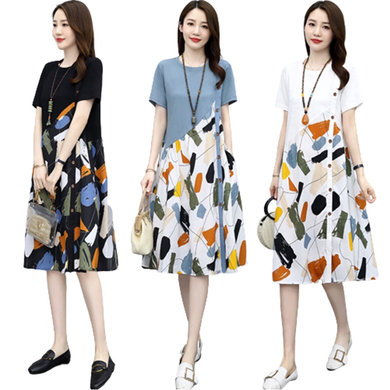 Women's Polyester Summer Plus Size Slim And Artistic Cotton Linen Dress ...