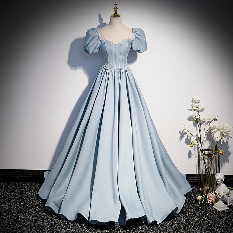 French Light Blue Sequins Beaded Evening Dress Puff Sleeve Square Neck ...