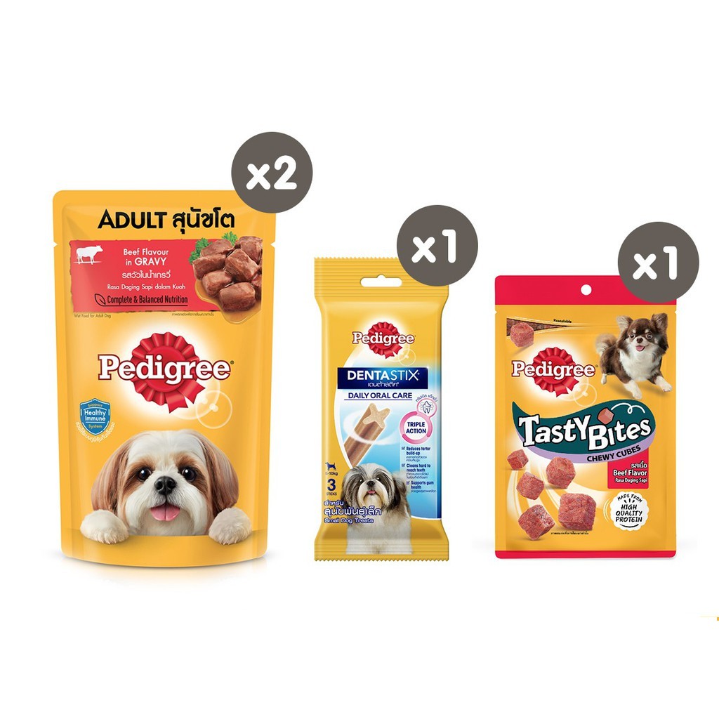 Pedigree Pouch Beef 130g Pack of 2 + Dentastix 3s Small + Tasty Bites ...