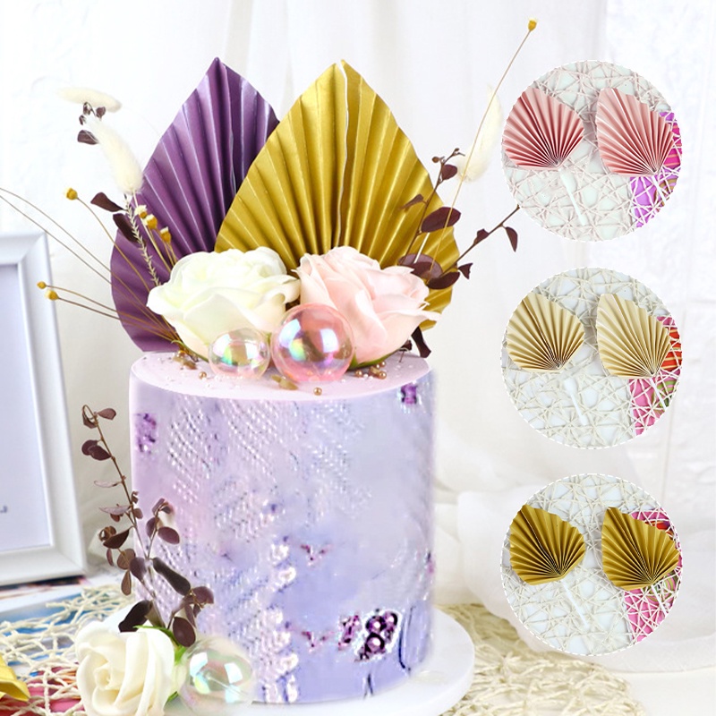2Pcs Paper Folding Fan Gold Leaf Cake Toppers for Birthday Party Cake ...