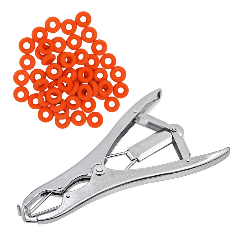 Stainless Steel Animal Castration Plier with 50 Pcs Expansion Castrator Rings Livestock Tail ...