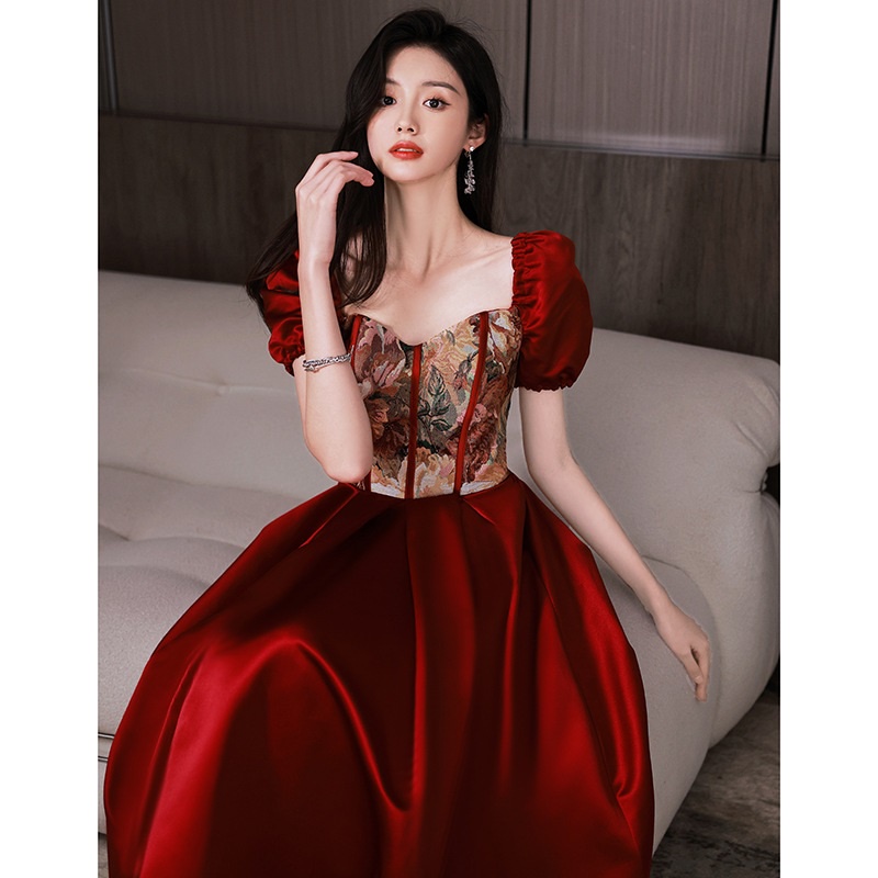 Elegant Bride Wine Red Toast Dress Wedding Thank You Banquet Back Door ...