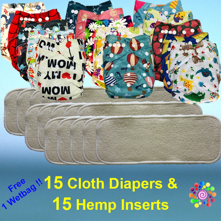 (Alva/Natucare/Naughtybaby)15pcs cloth diapers-15 pcs hemp inserts plus ...