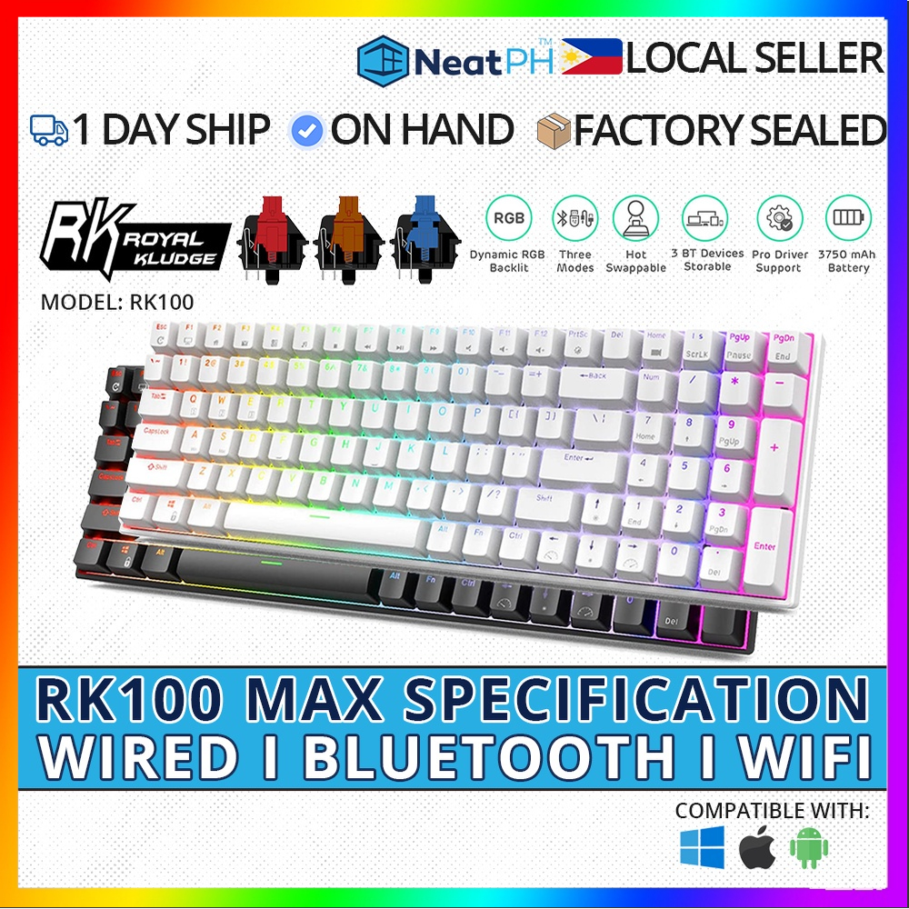 RK ROYAL KLUDGE RK100 100-key Wired/Bluetooth/2.4G Wireless Mechanical ...