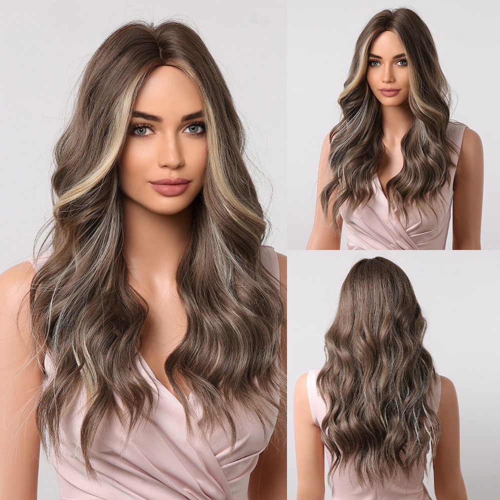 Long Wavy Brown Synthetic Wigs Middle Part for Women Blonde Highlighted ...