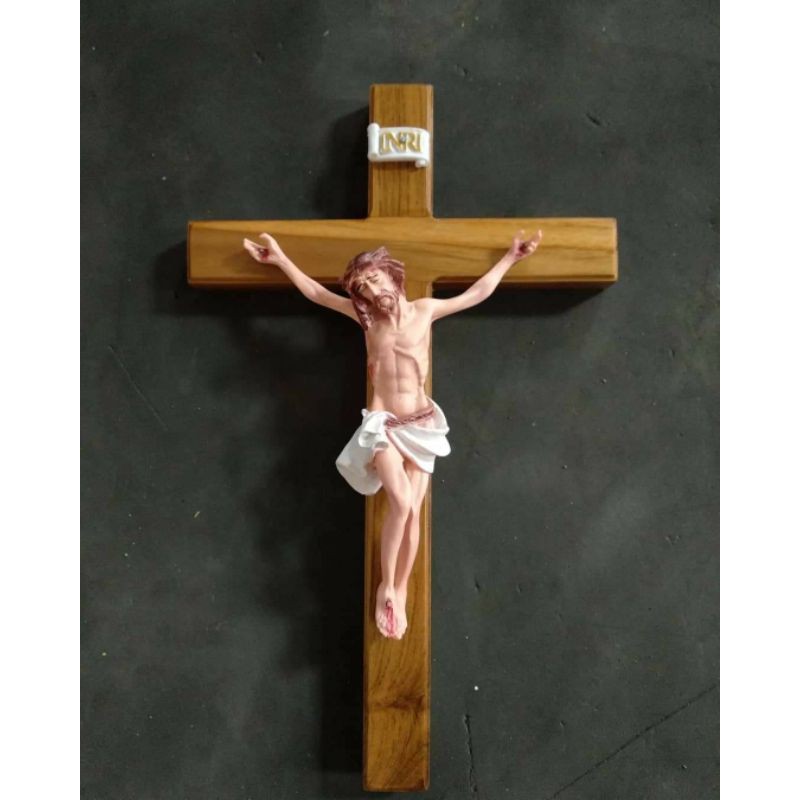 PUTIH Hanging cross/wall 30cm white corpus teak | Shopee Philippines