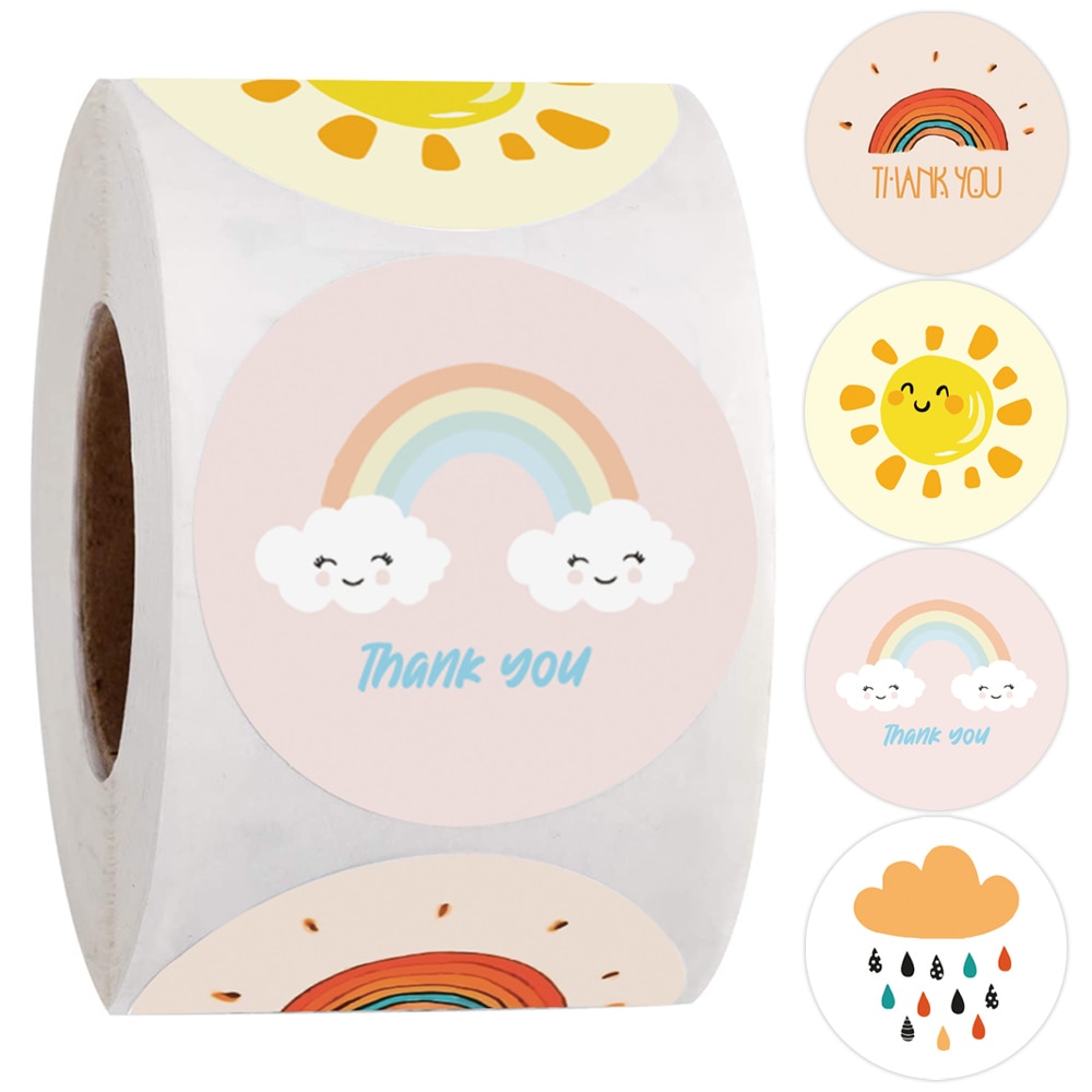 500 Pcs Round Cartoon Thank You Stickers Cute Sun Rainbow Clouds ...