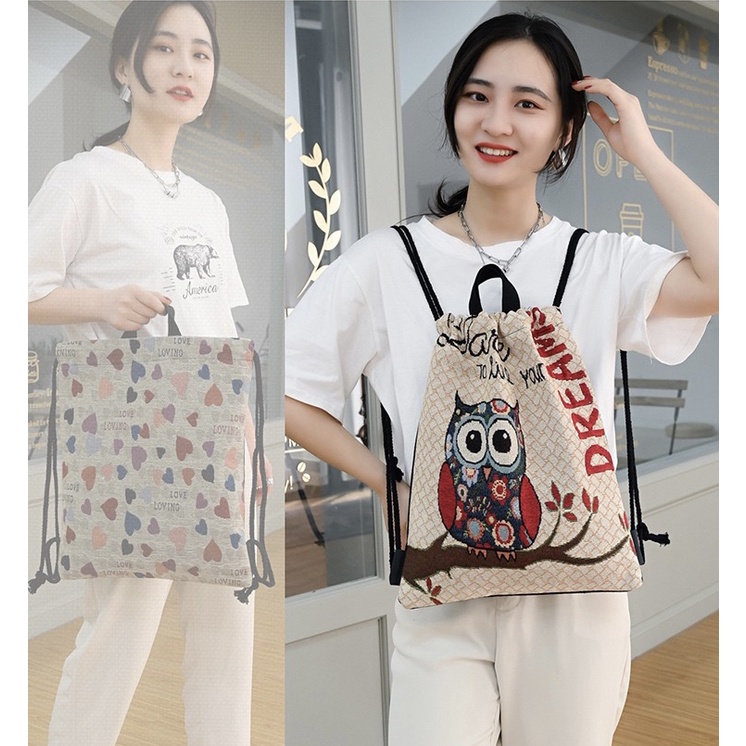 Canvas String Bag Owl Design Back Pack Katsa Bag Portable Drawstring