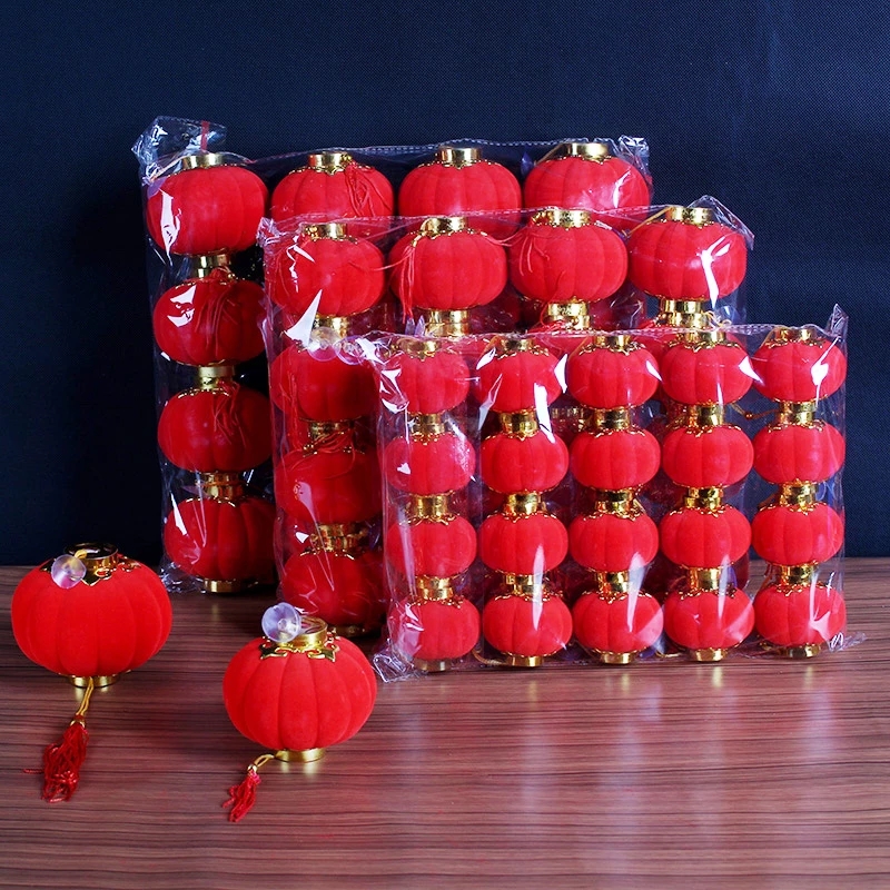 Mini Flocking Red Lanterns Chinese New Year Lantern DIY Chinese Plastic ...