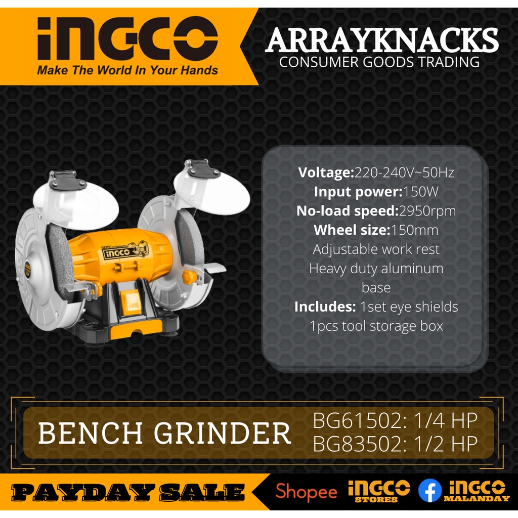 INGCO Bench Grinder 1/4HP 1/2HP (BG61502-5P) (BG83502-5P) POWERTOOLS ...