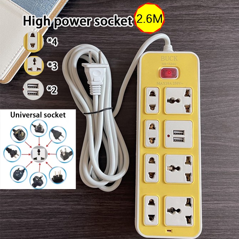 2.6M High Power Expansion Socket With Switch Universal Socket Cord Usb ...