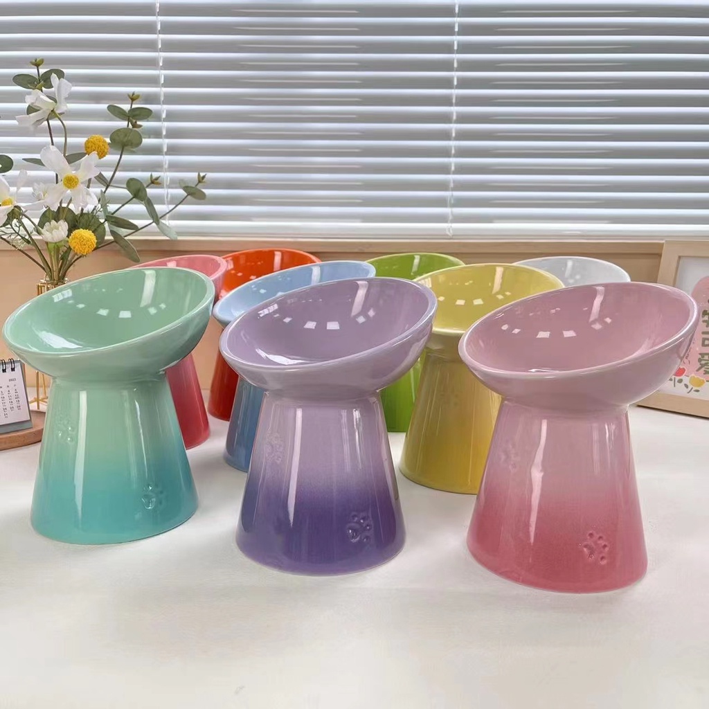 LC Cool Rainbow Gradient Color High Foot Diagonal Pet Bowl-Cat Dog Neck ...