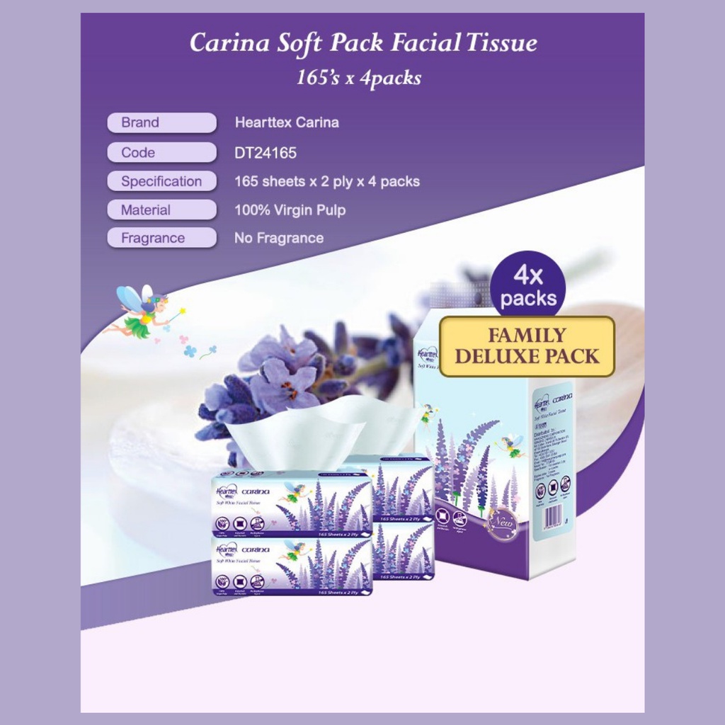 Carina Soft Pack 2ply 100% Virgin Pulp Facial Tissue 165's (4Packs/Tube ...