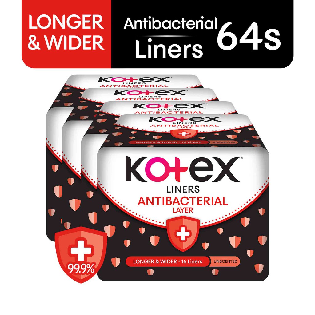 Kotex Antibacterial Longer & Wider Liners - 16s x 4 Packs (64 ...