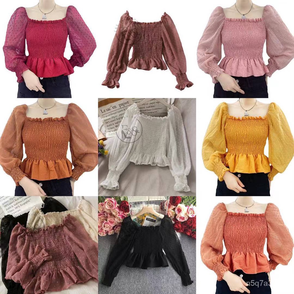 Fashion Lace Puff Long Sleeve Smocked Tops For Women 975# | Shopee ...