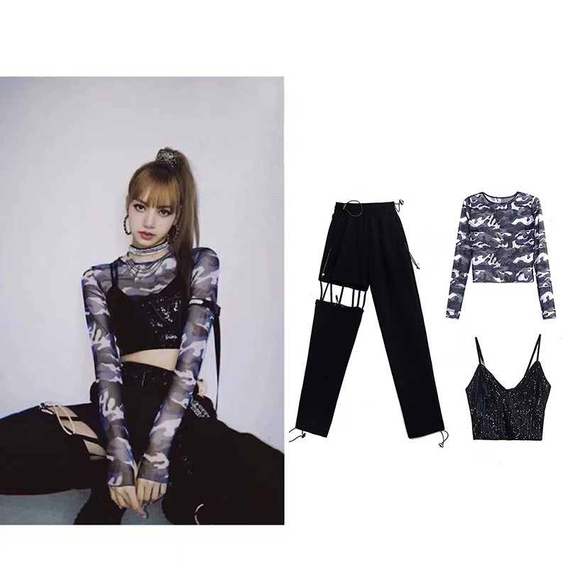 blackpink Lisa korean style jazz dance clothing set women Camouflage long sleeve T shirt + High ...